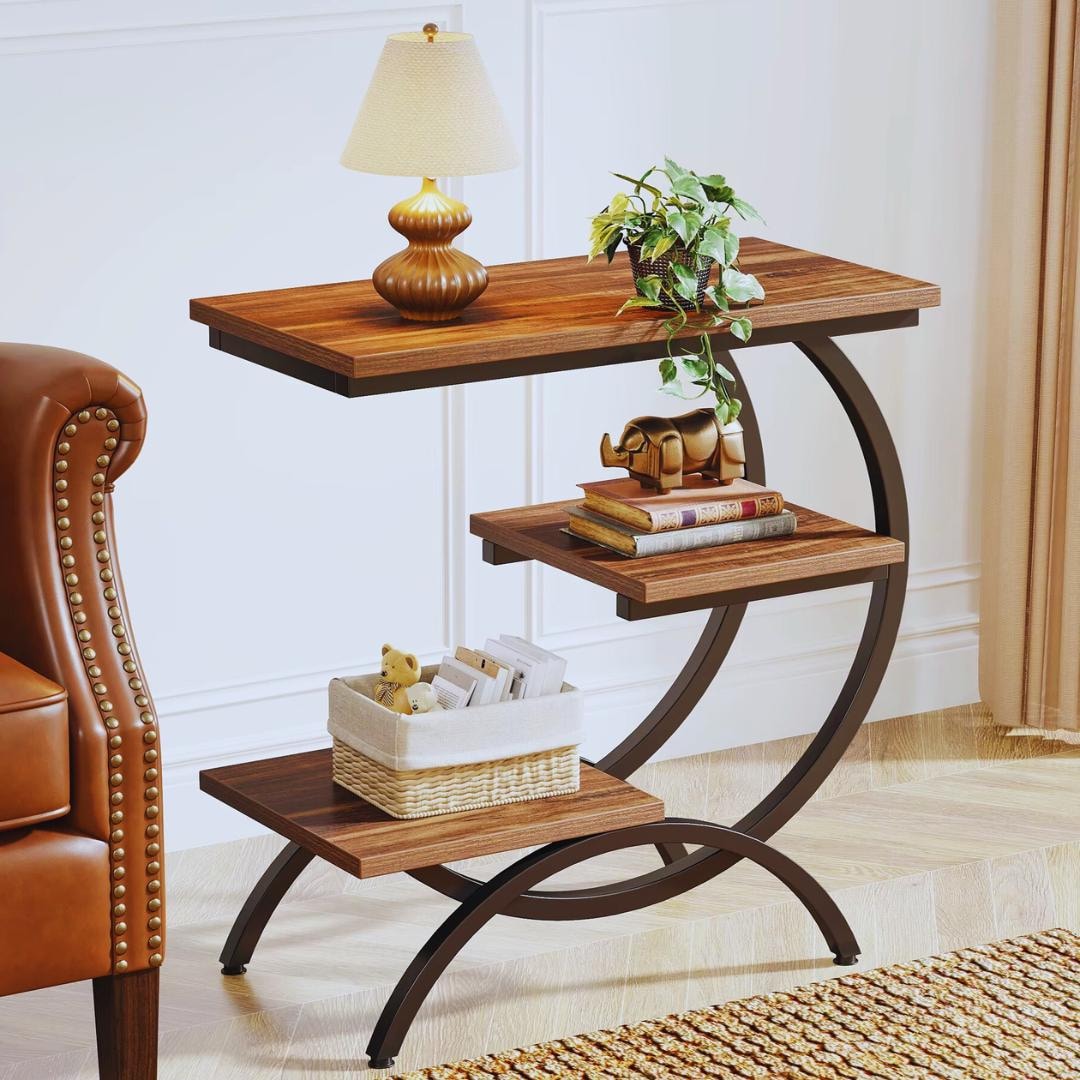 Industrial C-shaped Side Table With Storage Shelves – 3-tier Sofa End ...
