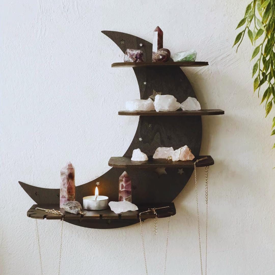 Black Moon Wall Shelf – Gothic Crescent Display for Crystals & Witchy ...