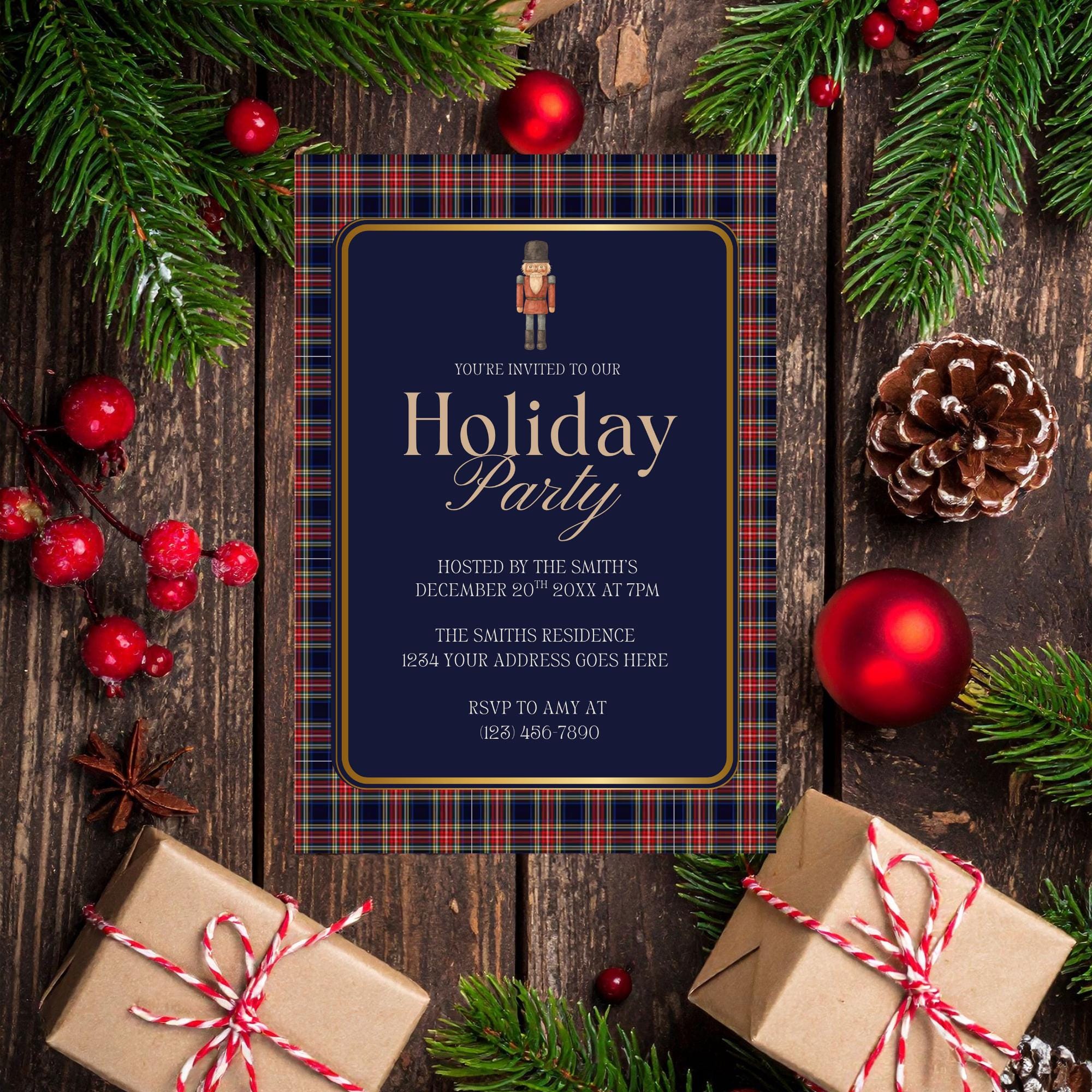 Designer Plaid Christmas Invitation Template | Editable Holiday ...