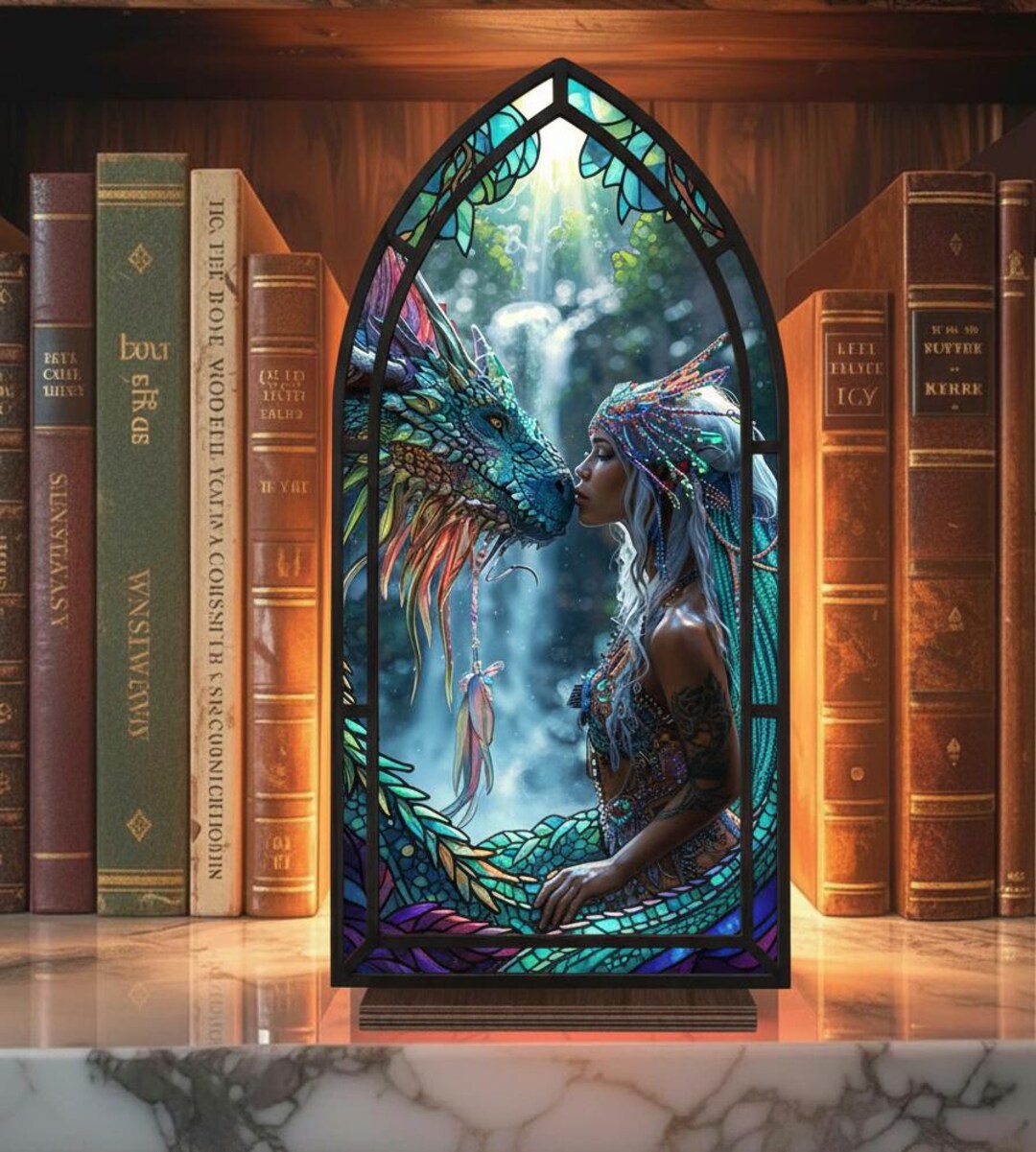 Dragon Goddess Book Nook, Fantasy Dragon Stained Glass Book Nook Insert ...