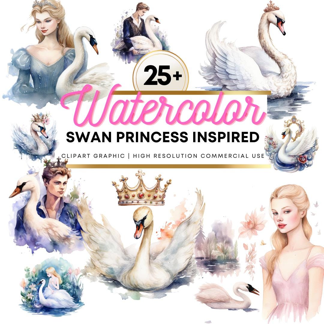 Watercolor Swan Princess Clipart Bundle, Royalty Swan PNG, Fairy Tale ...