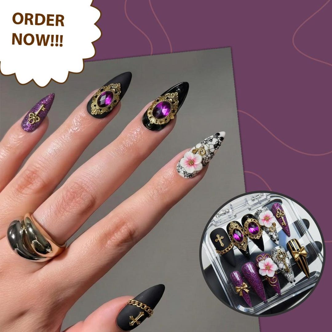 Gothic Purple Black Press on Nails, 3D Flower Gem Cross Key Design ...