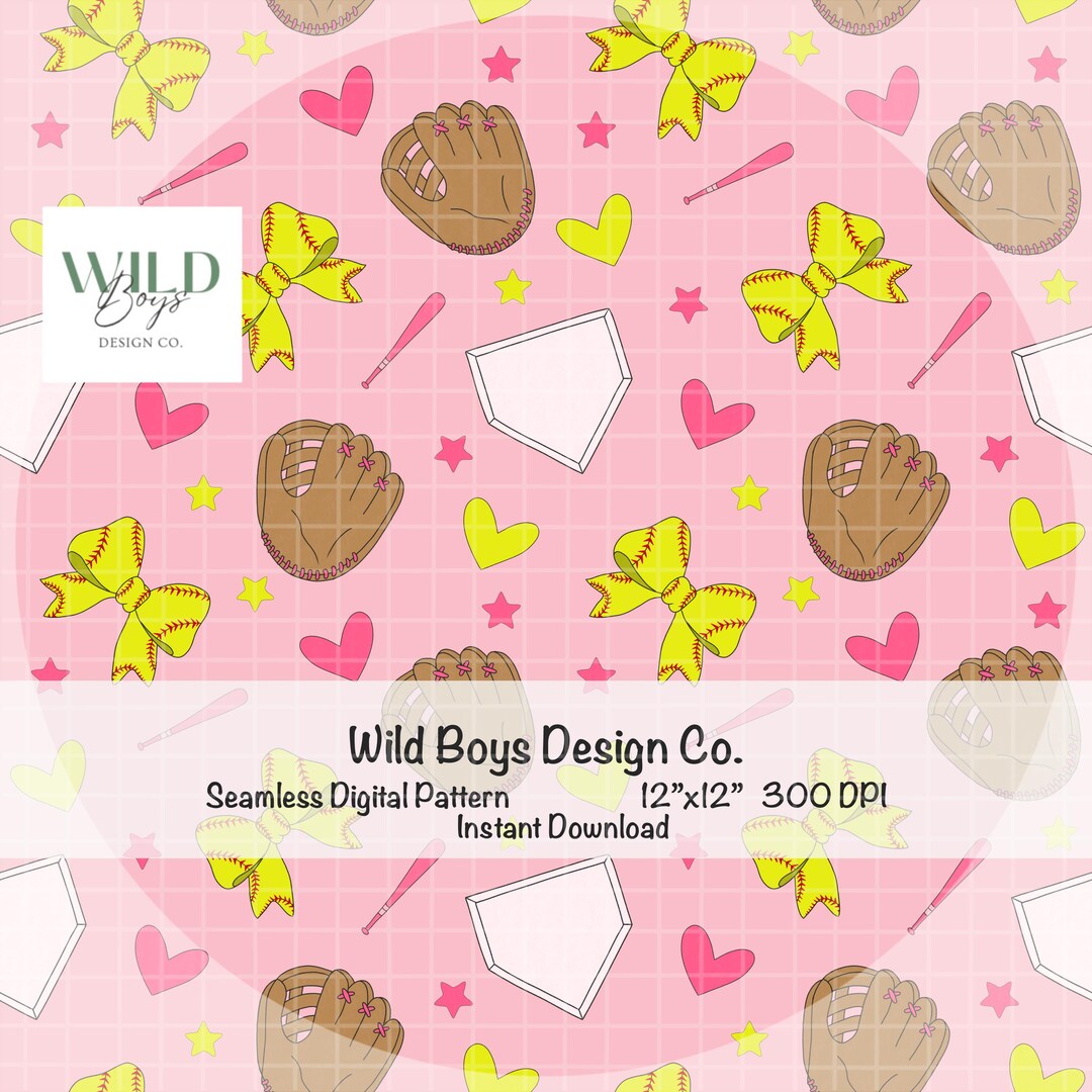Softball Seamless Pattern PNG Pink Bow Softball Digital Paper Vinyl ...