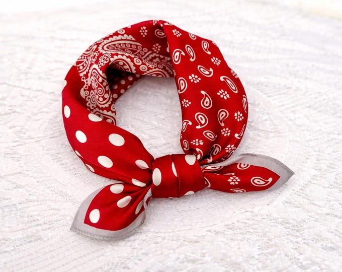 100% Mulberry Silk Red Bandana Scarf – Vintage Polka Dot Paisley ...