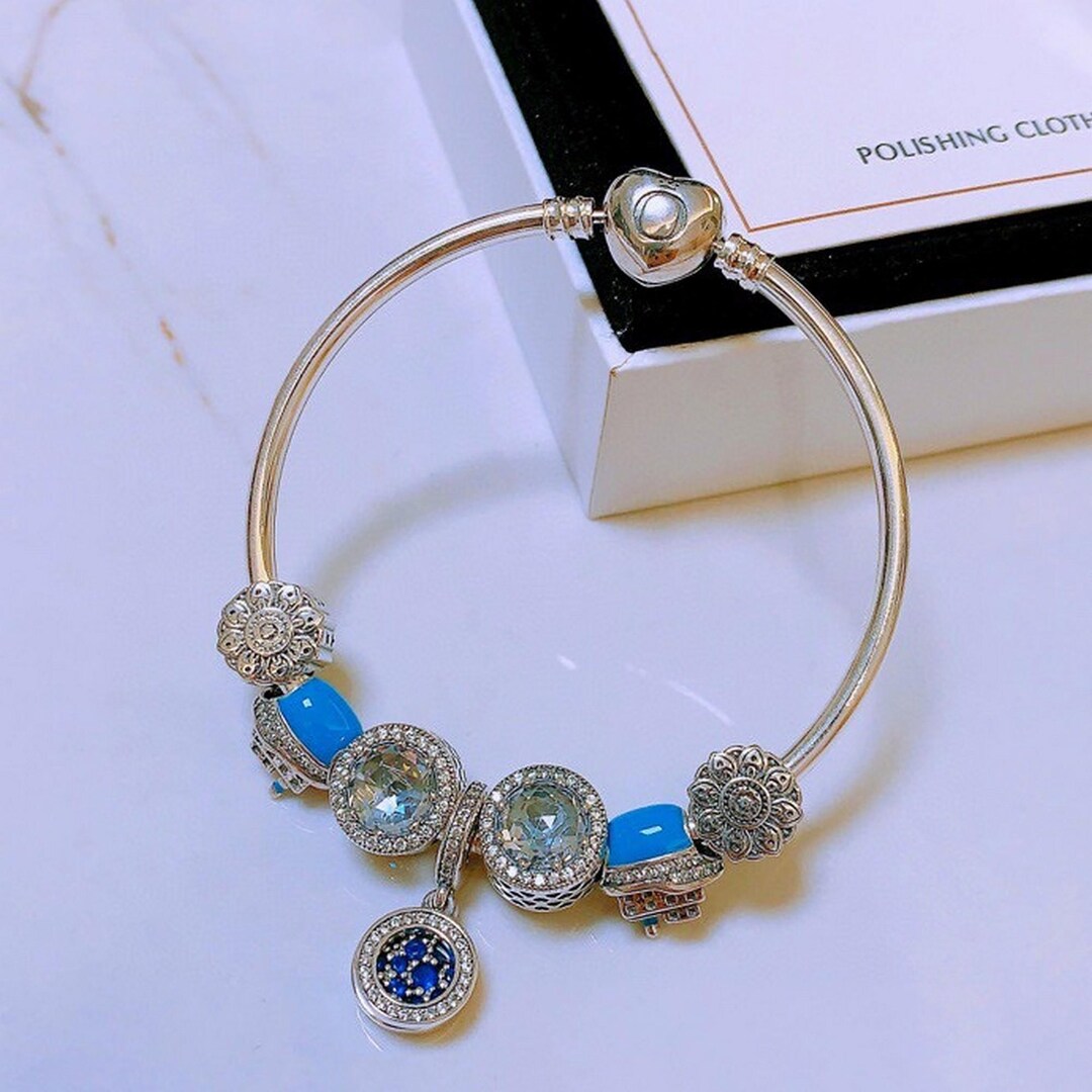 Vintage Pre-owned Pandora Blue Crystal Charm Bracelet With Floral ...