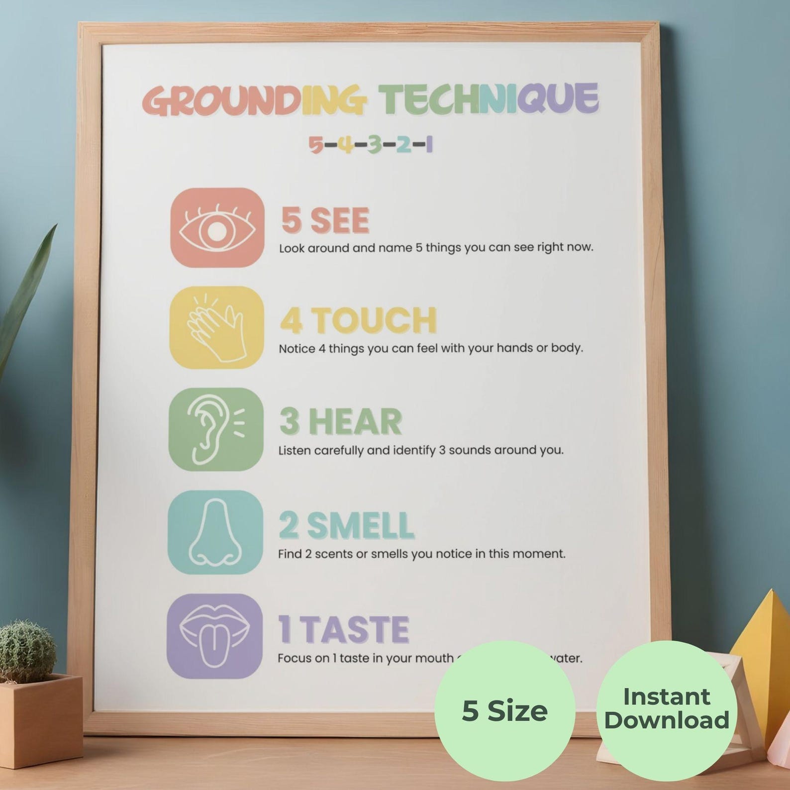 54321 Grounding Technique Poster Calm Down Corner Decor Anxiety Relief ...
