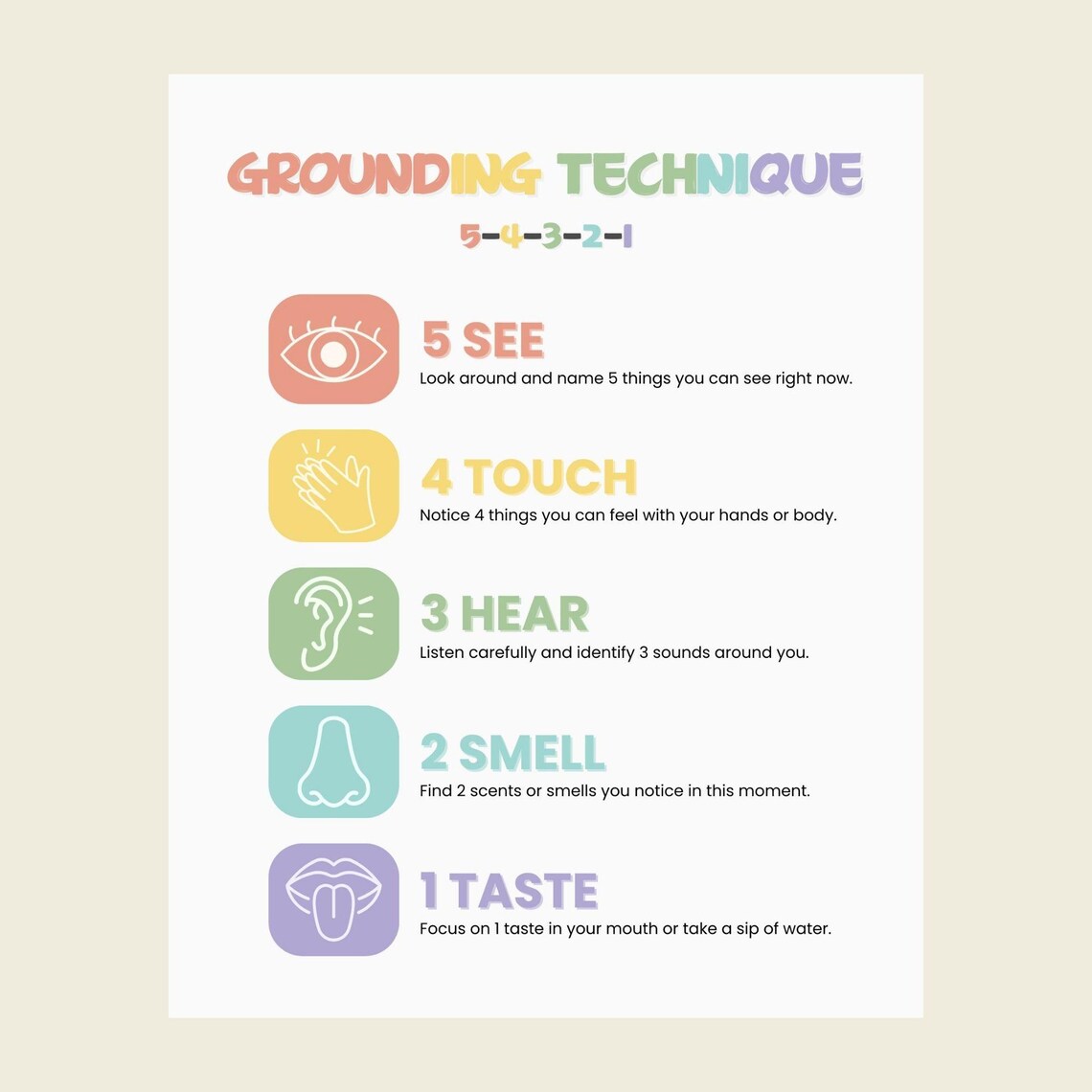 54321 Grounding Technique Poster Calm Down Corner Decor Anxiety Relief ...