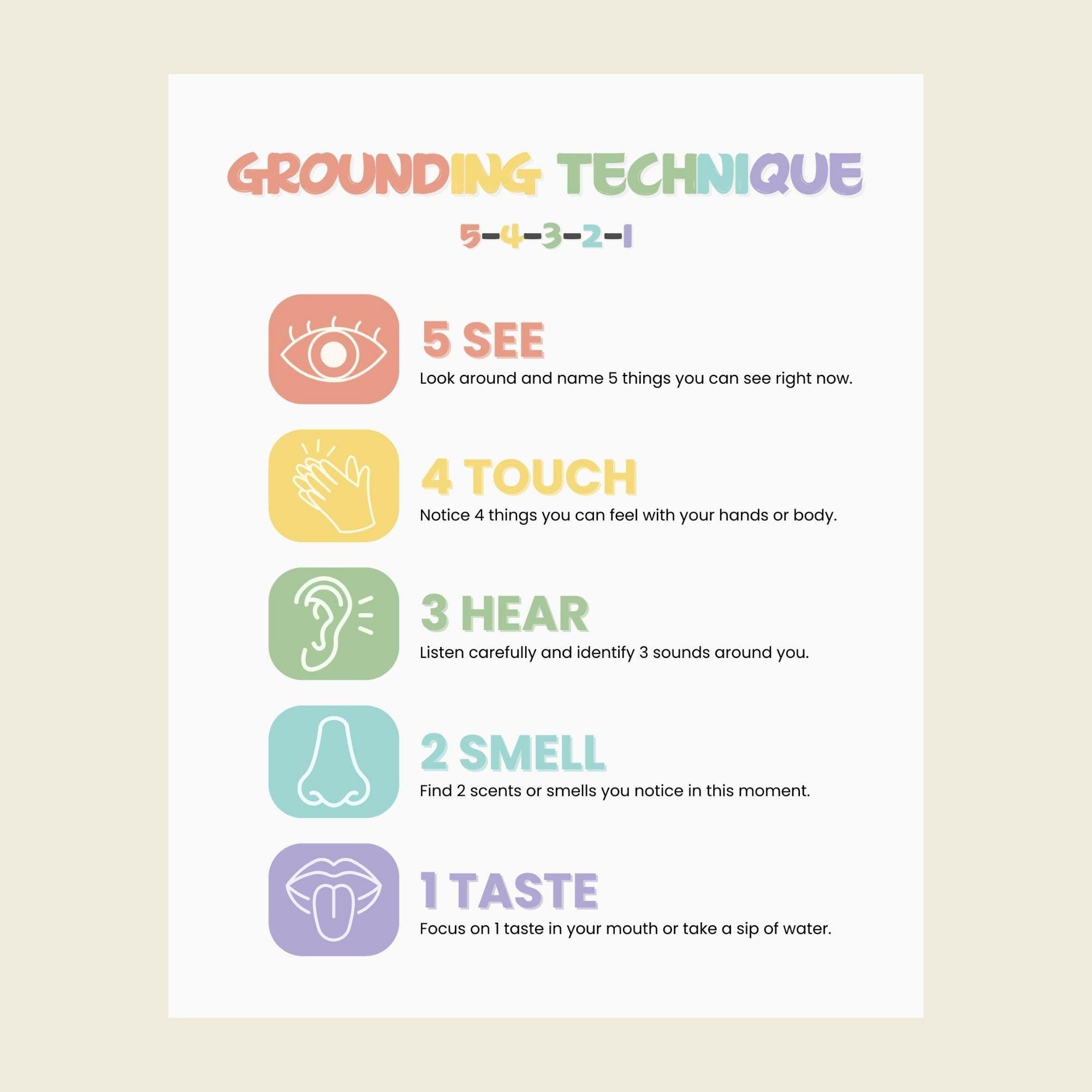 54321 Grounding Technique Poster Calm Down Corner Decor Anxiety Relief ...