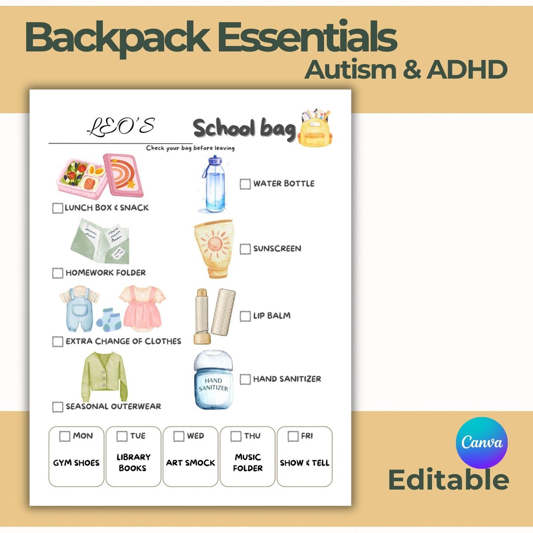 ADHD Autism Backpack Checklist Printable Editable Morning Routine - Etsy