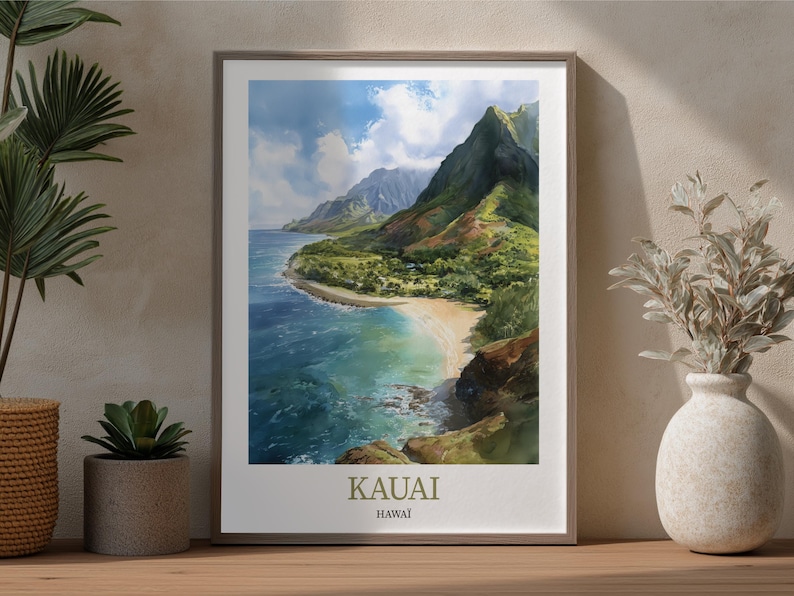 Kauai Hawaii Poster – Watercolor Island Print | Tropical Landscape Wall ...