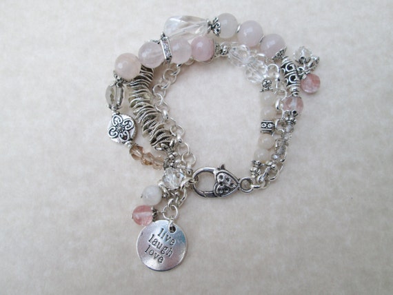 Rose Quartz Three-stranded Live Laugh Love Charm Bracelet | Etsy