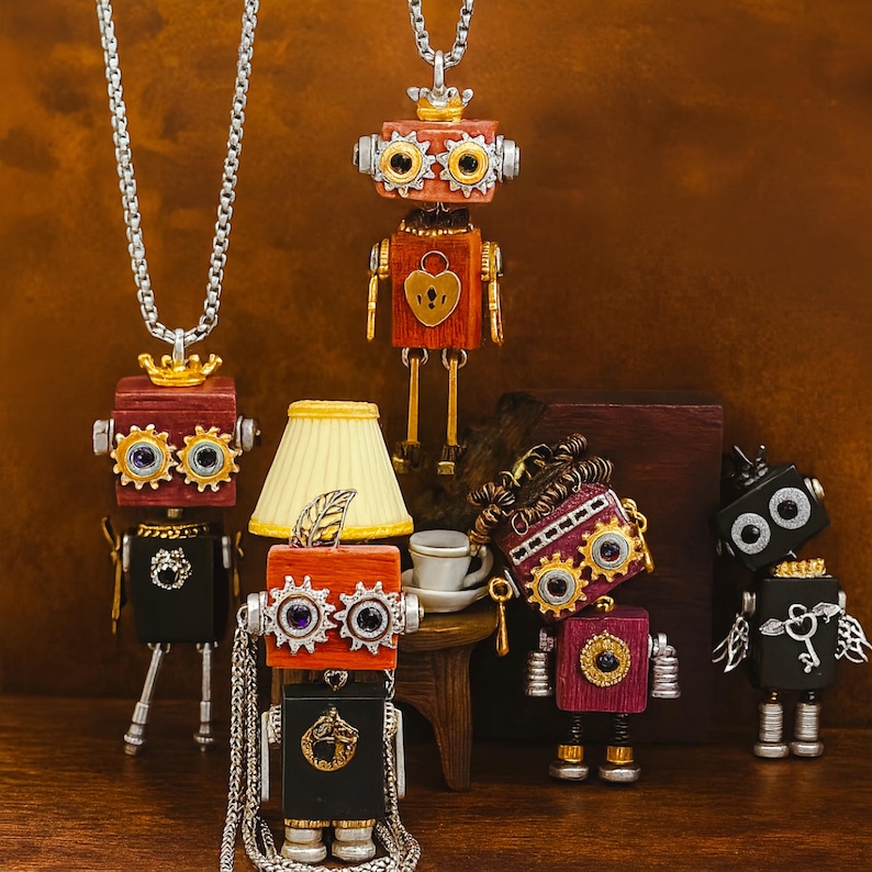 Handmade Wooden Robot Necklace – Steampunk Jewelry, Robot Keychain ...