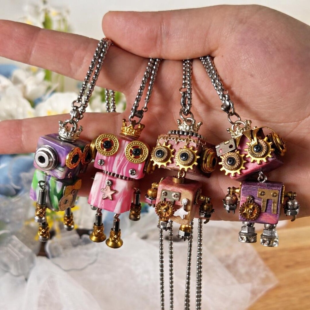Steampunk Robot Necklace Keychain, Handmade Robot Pendant, Convertible ...