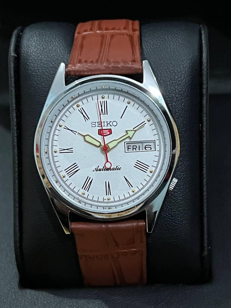 Seiko 5 Automatic Watch for Men Vintage White Dial Japanese Mechanical ...