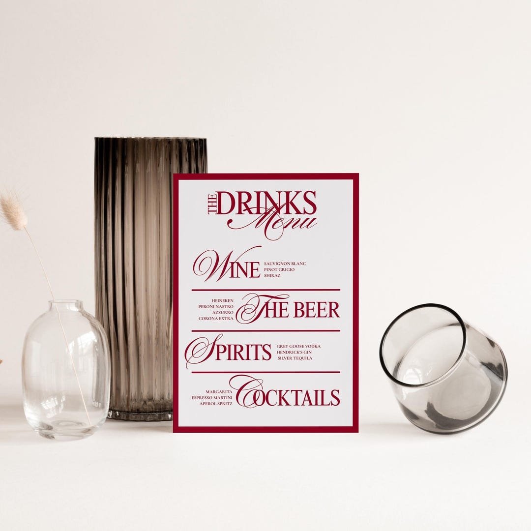 Red Wedding Bar Menu Template, Modern Statement Drinks Sign, Fashion ...