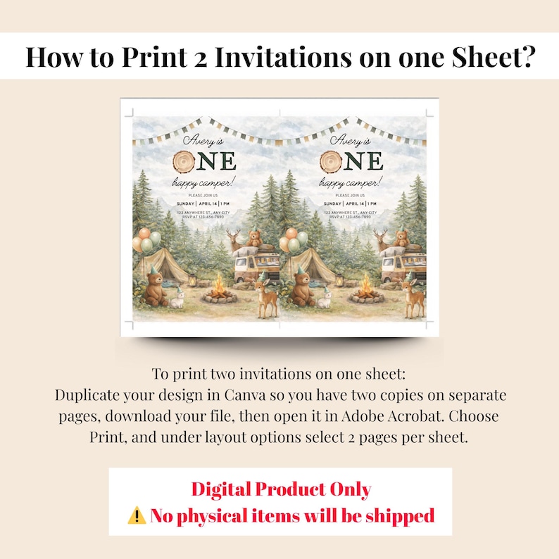 Birthday Invitation Customized One Happy Camper Digital Invite ...