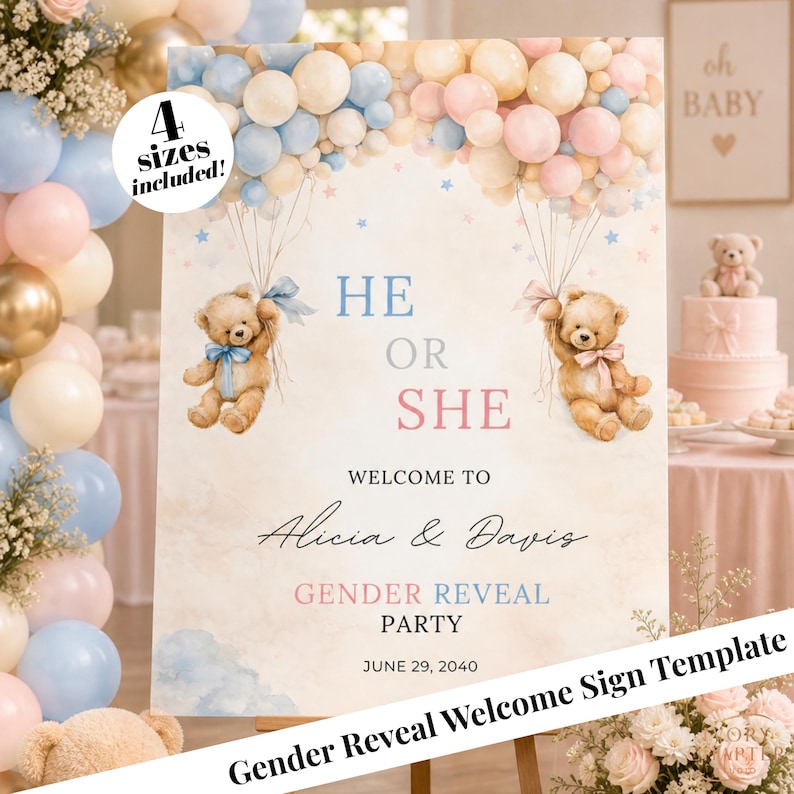 Gender Reveal Party He or She Teddy Bear Welcome Sign Digital Template ...