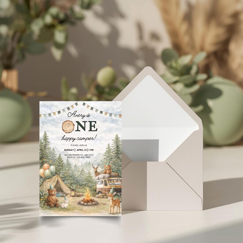 Birthday Invitation Customized One Happy Camper Digital Invite ...