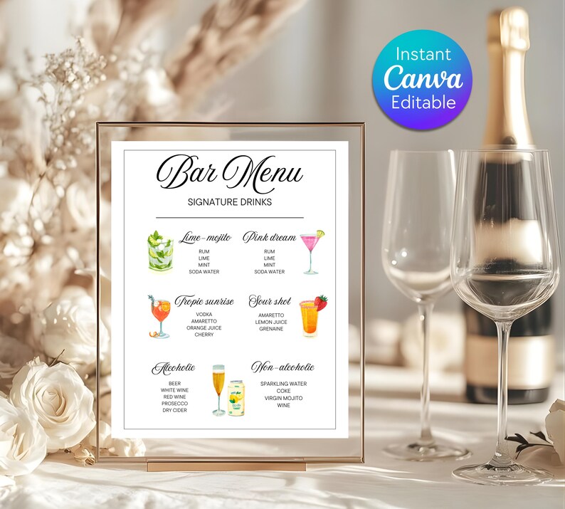 Printable Wedding Bar Menu, Bar Menu Wedding Sign, Editable Signature ...