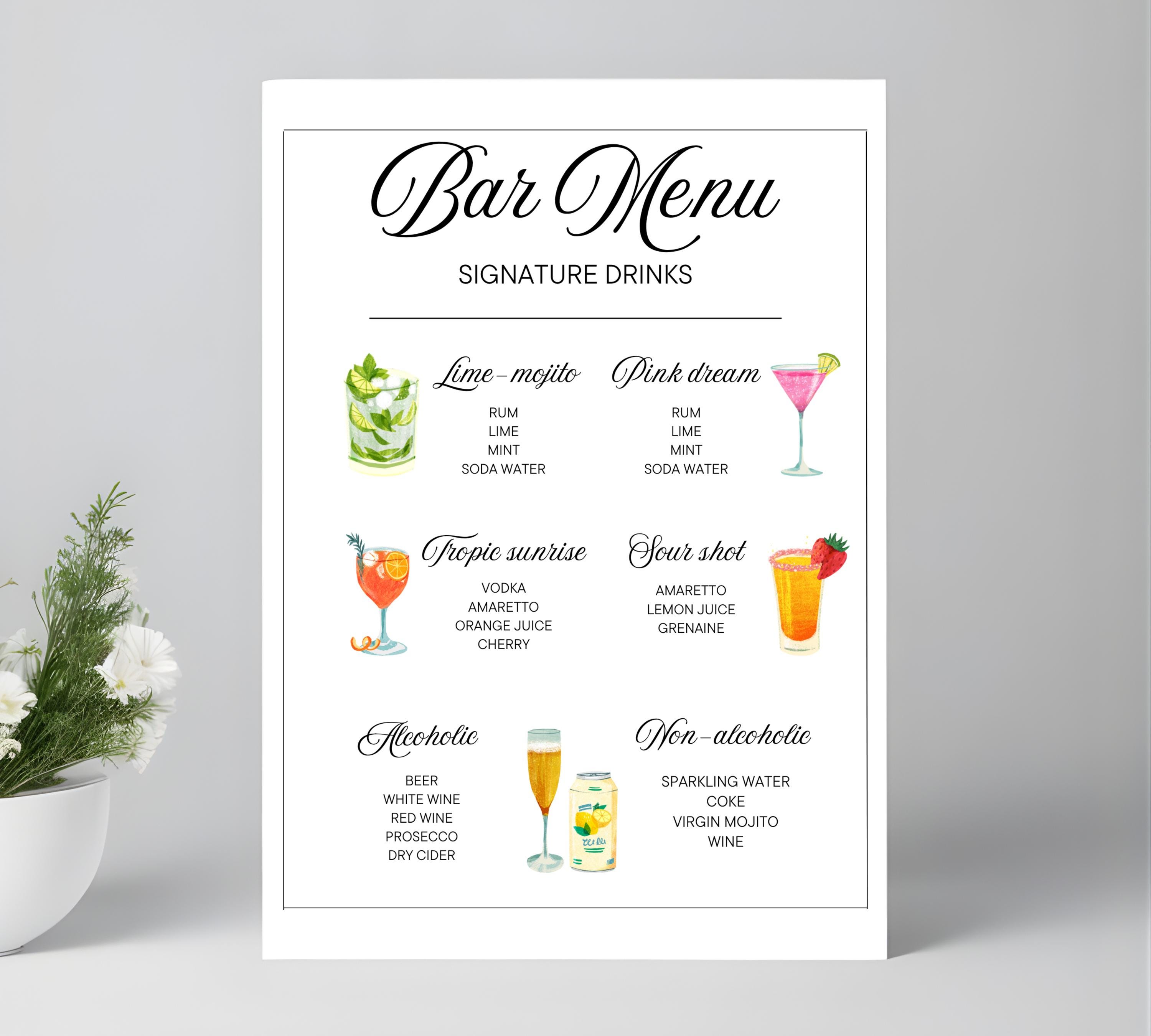 Printable Wedding Bar Menu, Bar Menu Wedding Sign, Editable Signature ...