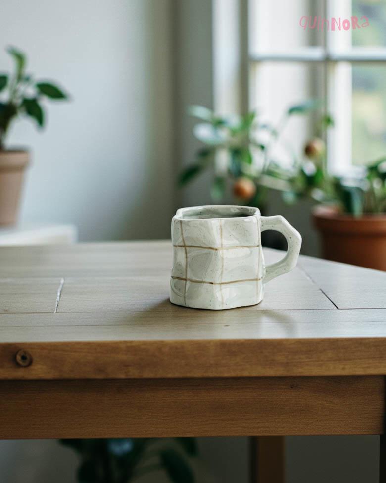 Irregular Shape Mug With Square Pattern, Hammered Ceramic Mug, Retro ...