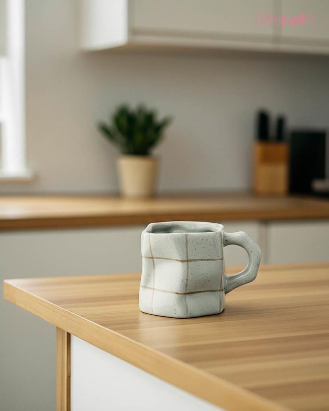 Irregular Shape Mug With Square Pattern, Hammered Ceramic Mug, Retro ...
