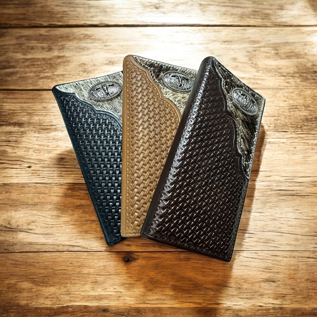 Western Long Leather Wallet for Men – Hand Tooled Basketweave With ...