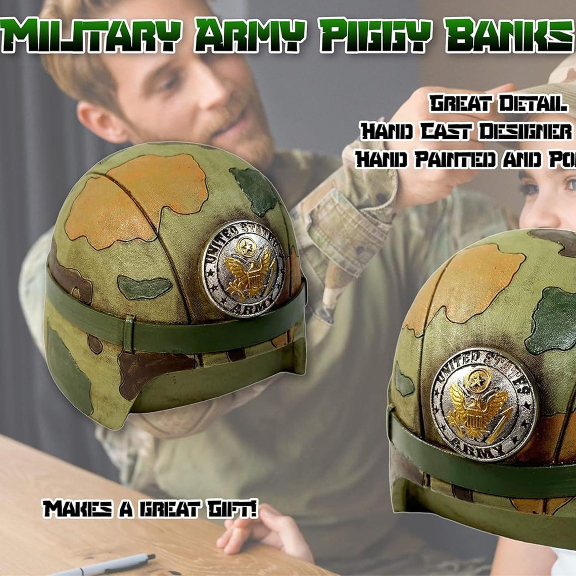 Dust and Hide Army Helmet Camo Piggy Bank – Large Military Helmet Coin ...
