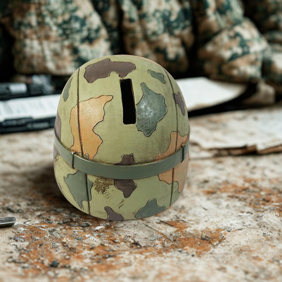 Dust and Hide Army Helmet Camo Piggy Bank – Large Military Helmet Coin ...