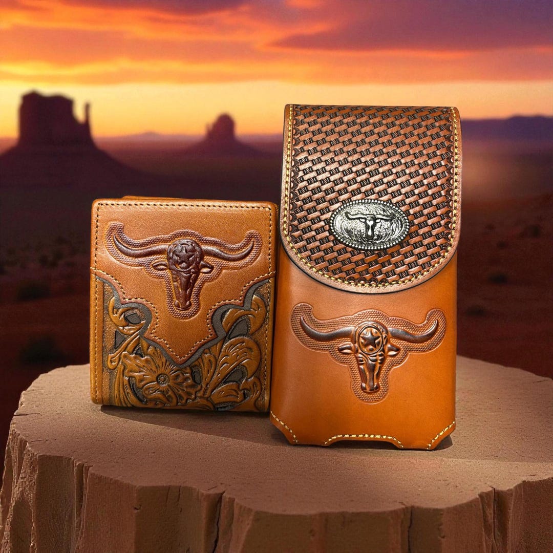 Western Longhorn Leather Wallet Phone Holster Set – Hand Tooled Floral ...