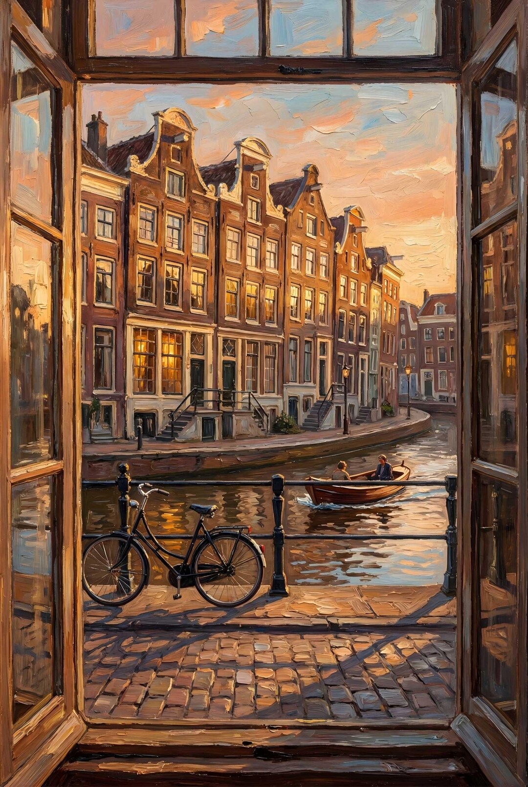 Amsterdam Canal Window View – Golden Hour Oil Painting (digital ...