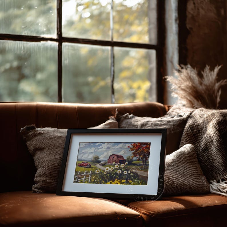 Rustic Red Barn Autumn Landscape Painting – Farmhouse Wildflowers ...