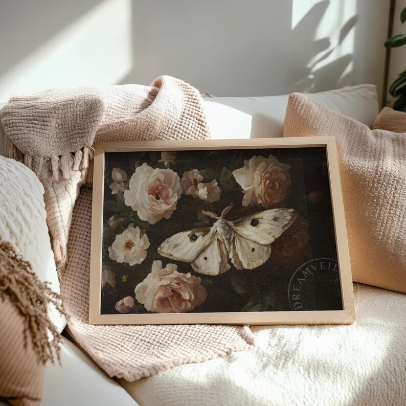 Vintage Moth Rose Botanical Art Print – Moody Still Life Painting ...