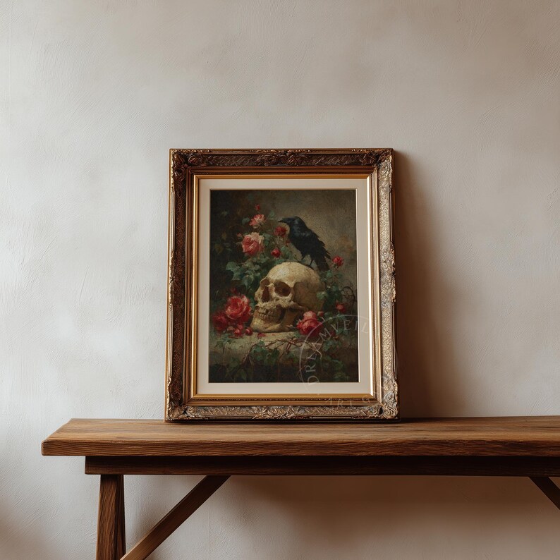 Gothic Skull Crow Antique Roses Wall Art, Dark Painterly Memento Mori ...