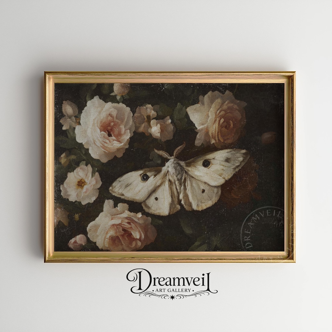 Vintage Moth Rose Botanical Art Print – Moody Still Life Painting ...