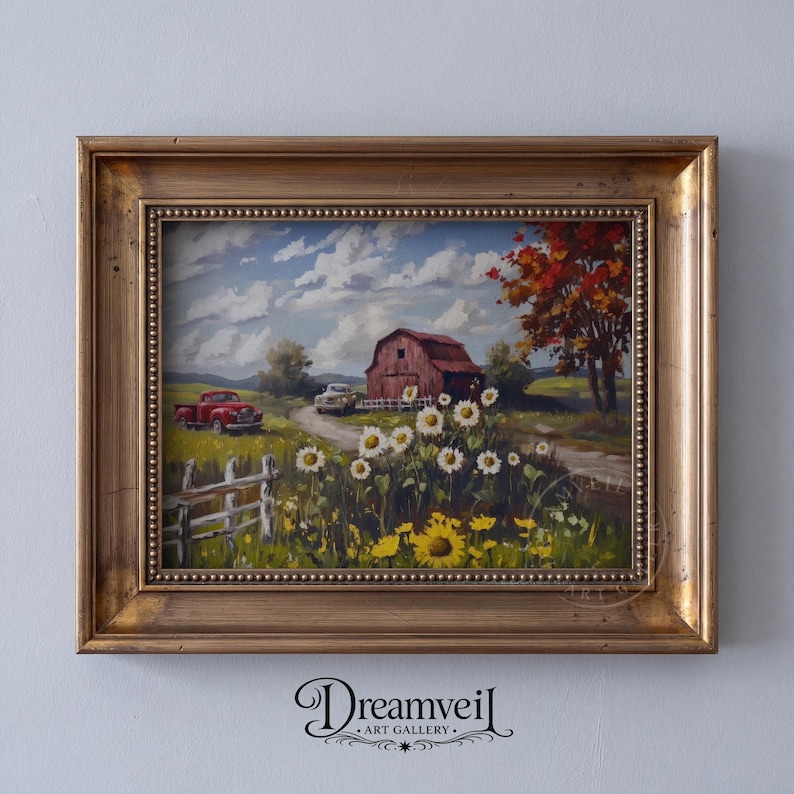 Rustic Red Barn Autumn Landscape Painting – Farmhouse Wildflowers ...