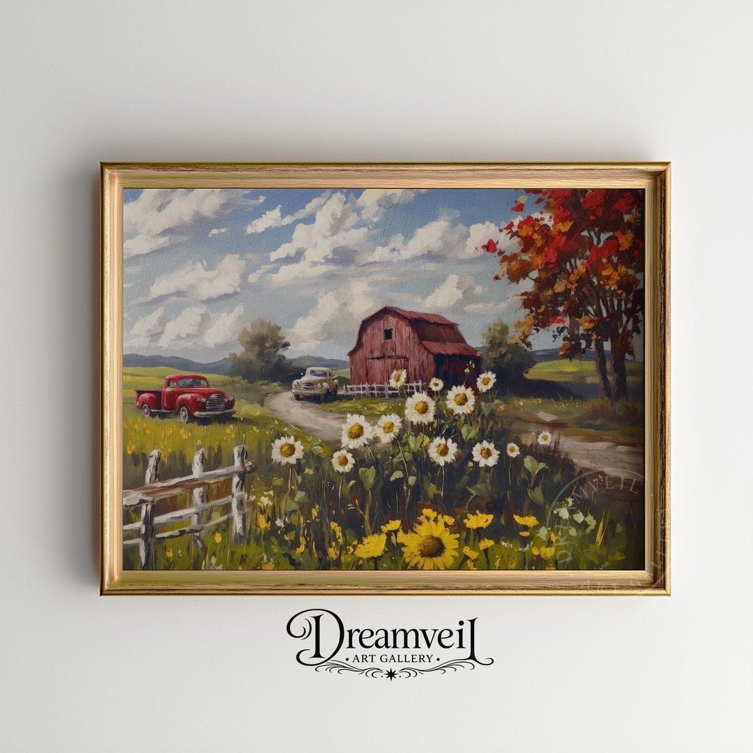 Rustic Red Barn Autumn Landscape Painting – Farmhouse Wildflowers ...