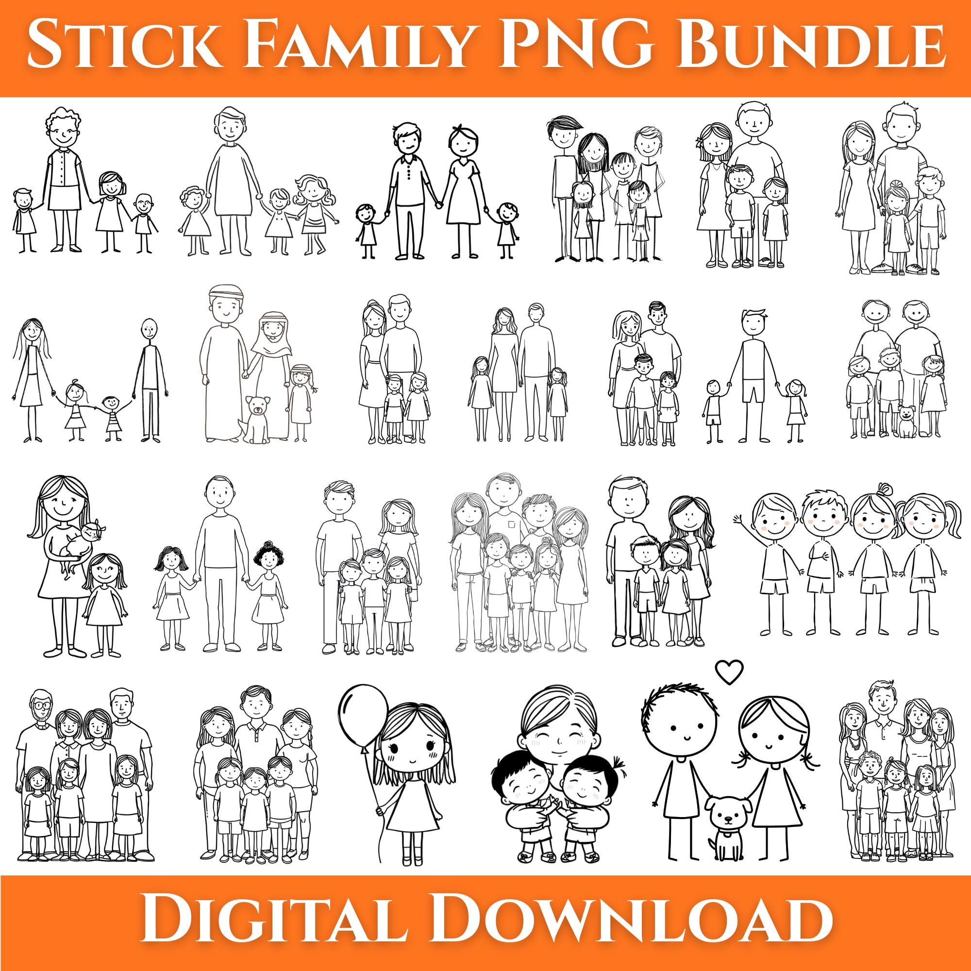 Stick Family PNG Bundle, Sticks People Figures Pngs, Trendy Family ...