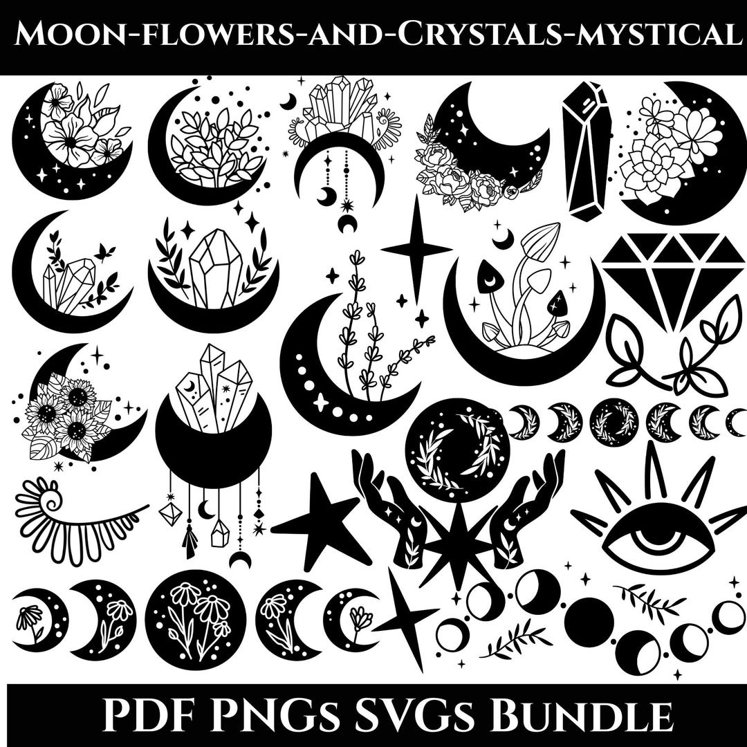 Moon Flowers Crystals Mystical SVG Bundle, Boho Celestial Svg, Magic ...