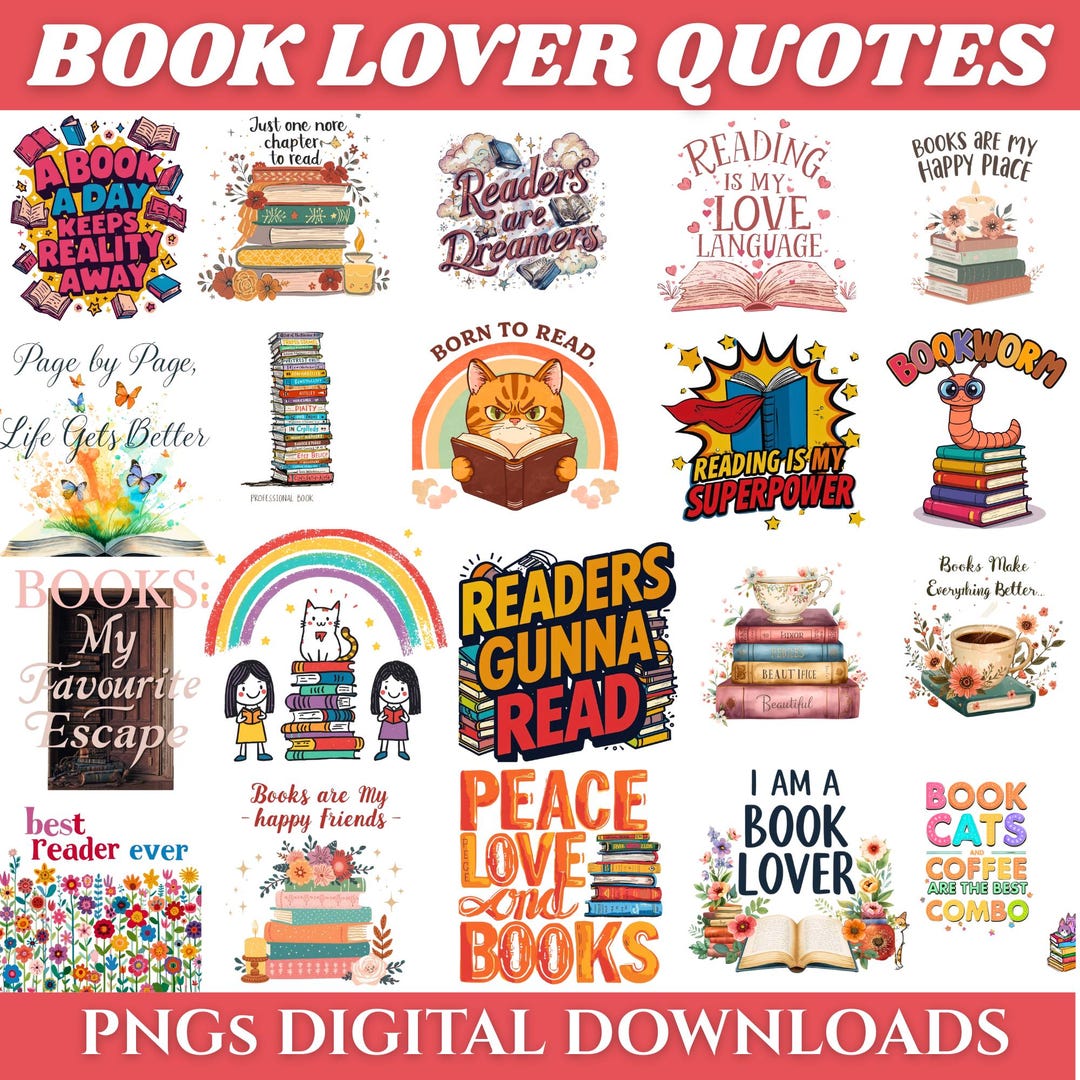 Books Lover Quotes PNG Bundle, Book Reading Clipart, Floral Colorful ...
