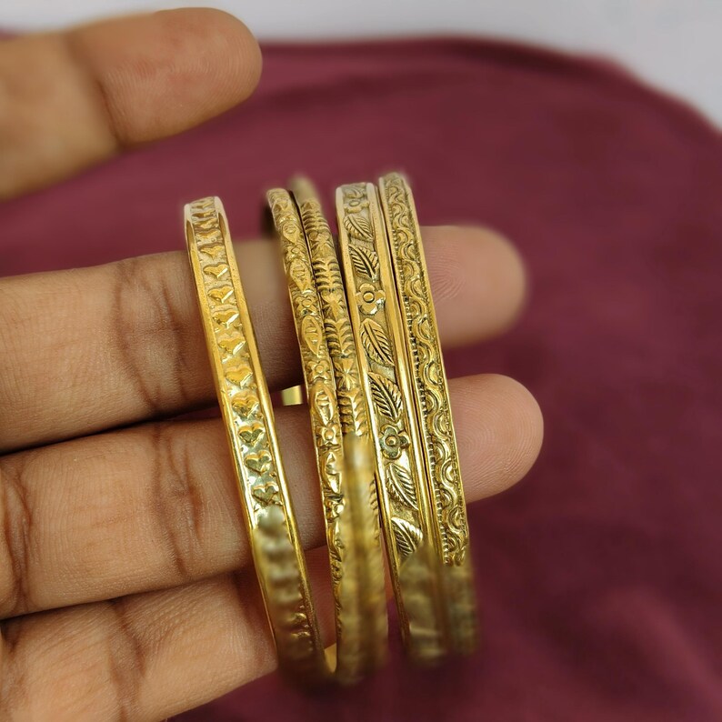 Brass Stacking Bangle Set, Vintage Engraved Bracelets, Boho Layered ...