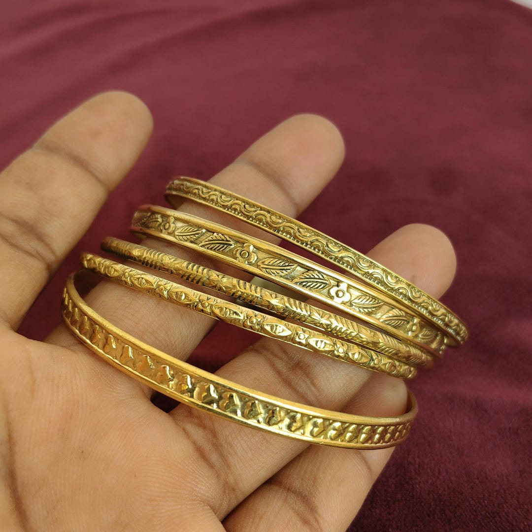 Brass Stacking Bangle Set, Vintage Engraved Bracelets, Boho Layered ...