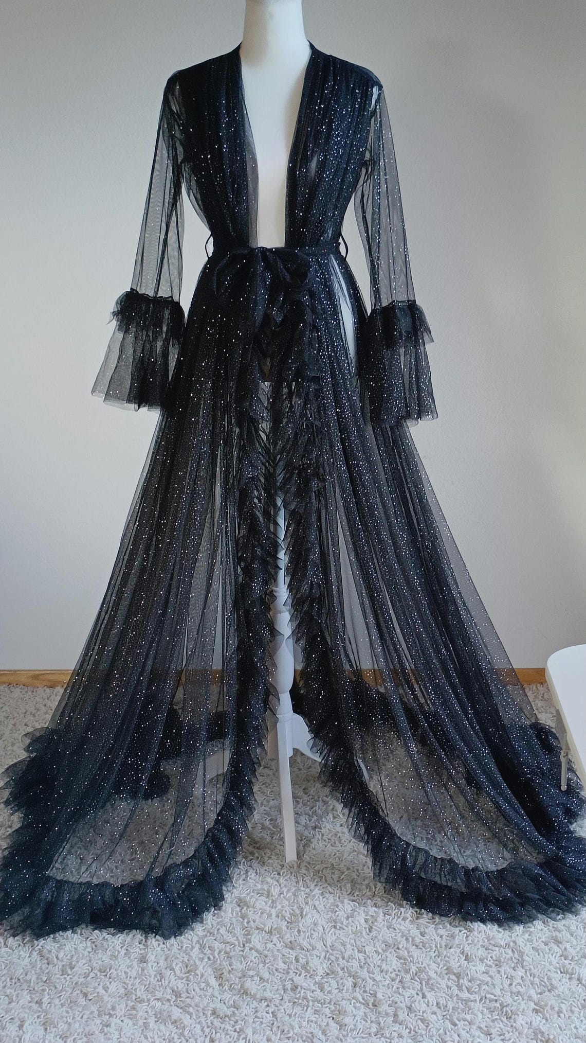 Black Sheer Tulle Robe With Sparkle – Long Luxury Dressing Gown, Bridal ...