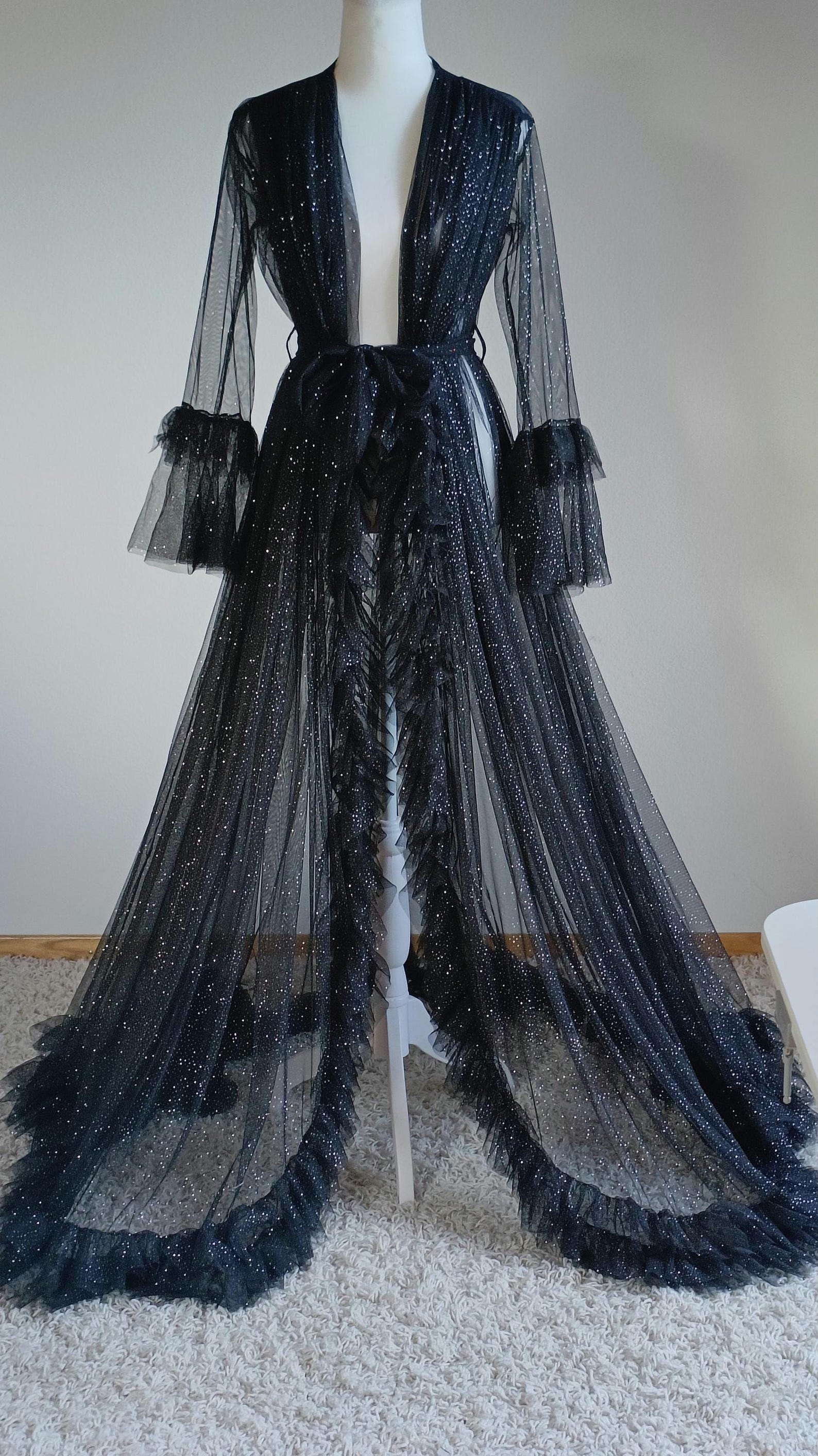 Black Sheer Tulle Robe With Sparkle – Long Luxury Dressing Gown, Bridal ...