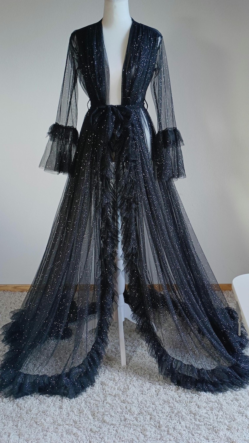 Black Sheer Tulle Robe With Sparkle – Long Luxury Dressing Gown, Bridal ...