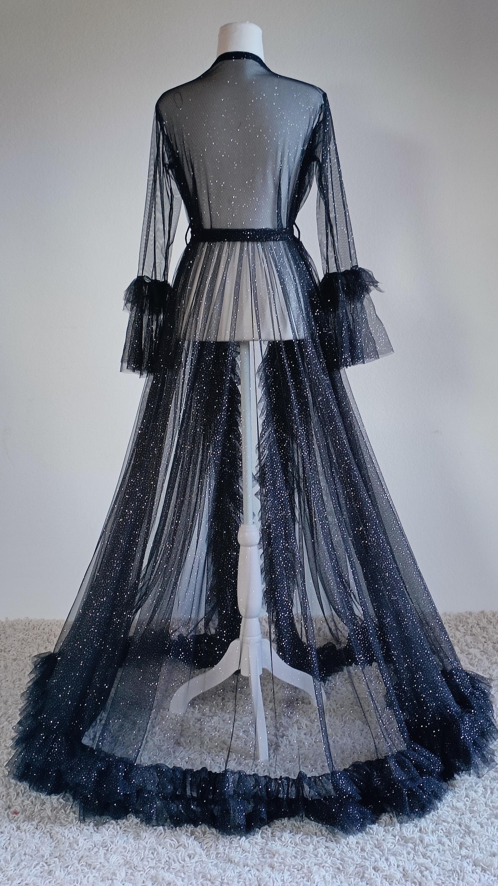 Black Sheer Tulle Robe With Sparkle – Long Luxury Dressing Gown, Bridal ...