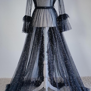 Black Sheer Tulle Robe With Sparkle – Long Luxury Dressing Gown, Bridal ...