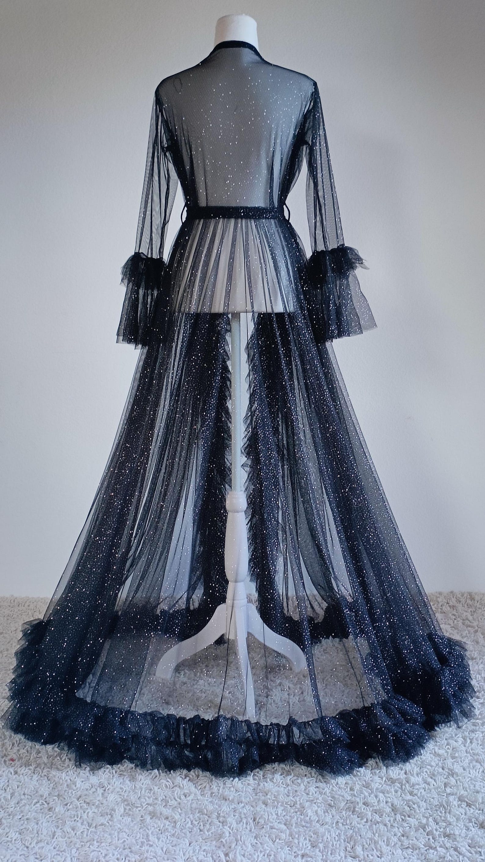 Black Sheer Tulle Robe With Sparkle – Long Luxury Dressing Gown, Bridal ...