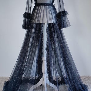 Black Sheer Tulle Robe With Sparkle – Long Luxury Dressing Gown, Bridal ...