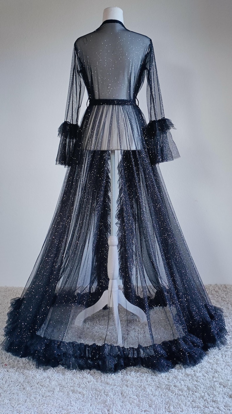 Black Sheer Tulle Robe With Sparkle – Long Luxury Dressing Gown, Bridal ...